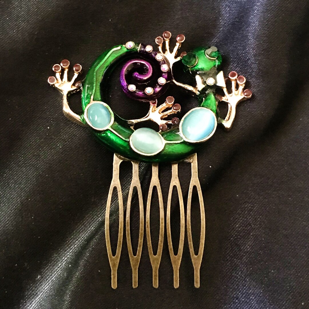Gecko Hair Comb, Lizard Hair Comb, Green Gecko, Green Lizard, Gold ...