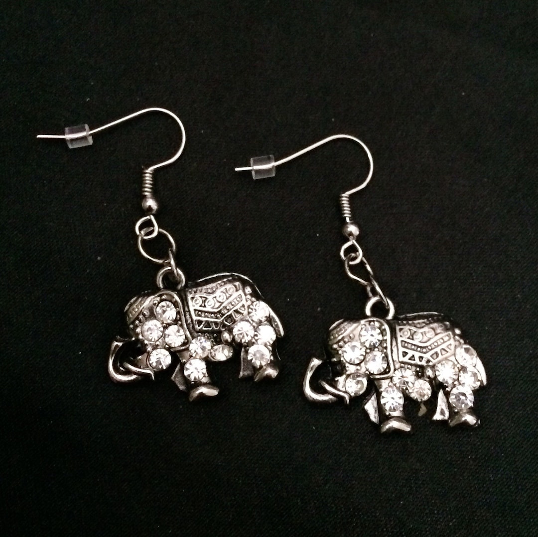 Silver Earrings, Sparkling Jeweled, Indian Elephants, Pachyderm, Animal ...
