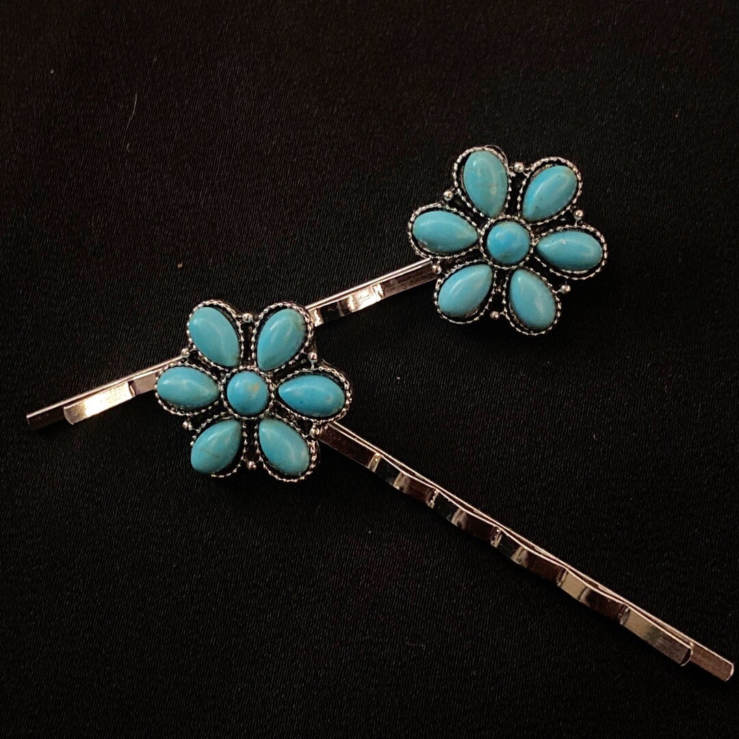 Turquoise Bobby Pins, Turquoise Hair, Flower Hair Pins, Blue Silver ...