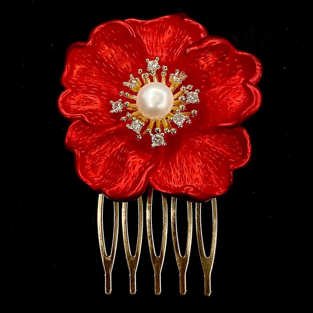 Flower Hair Comb, Red Pansy, Red Hair Comb, Gold Flower, Flowers for ...