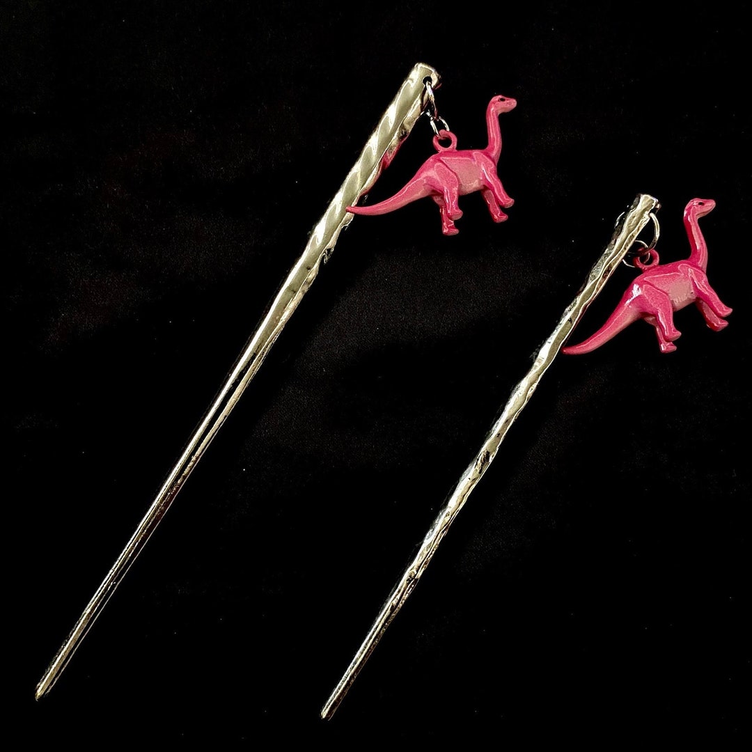 Pink Dinosaur, Pink Brontosaurus, Silver Hair Stick, Hair Pin Bun ...
