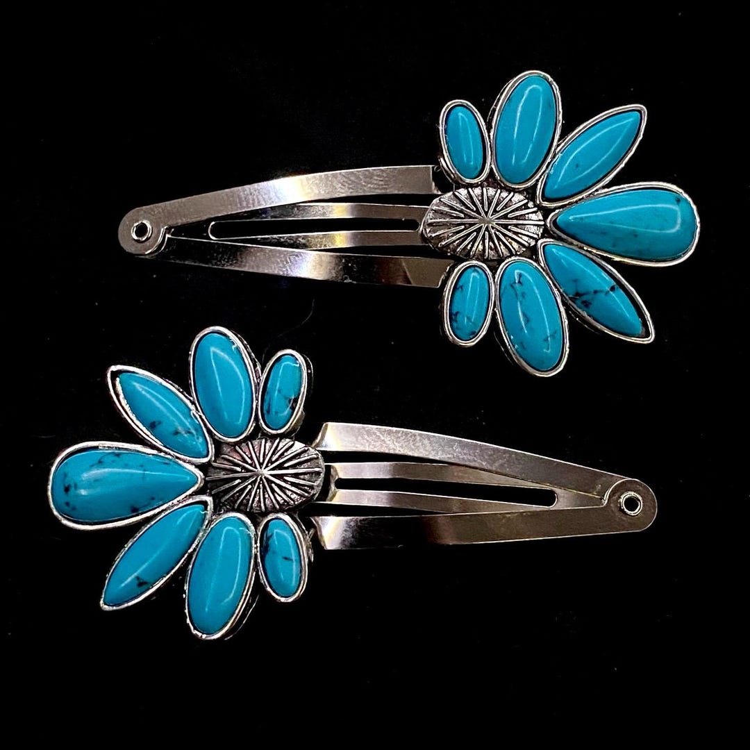 Turquoise Hair Clips, Snap Metal Hair Clips, Contour Clips, Blue Silver ...
