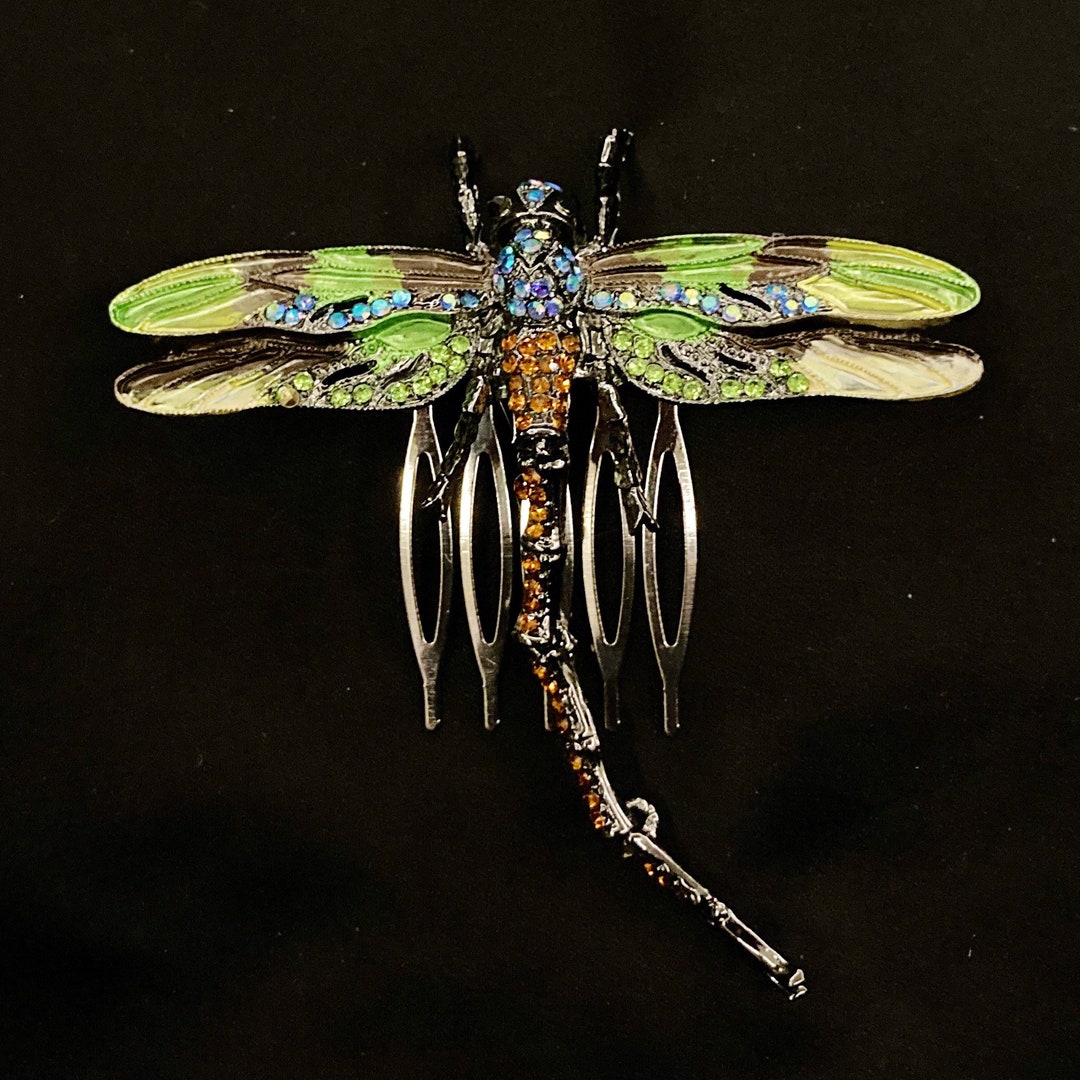 Dragonfly Hair Comb, Articulated Tail, Green Dragonfly, Jeweled Hair ...