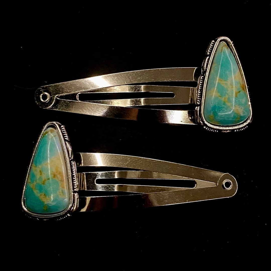Turquoise Hair Clips, Snap Metal Hair Clips, Contour Clips, Blue Silver ...