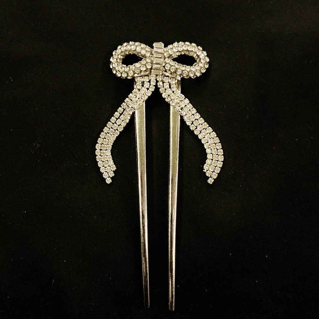 U Shaped Hair Fork, Silver Bow, Sparkling Crystals, Silver White ...