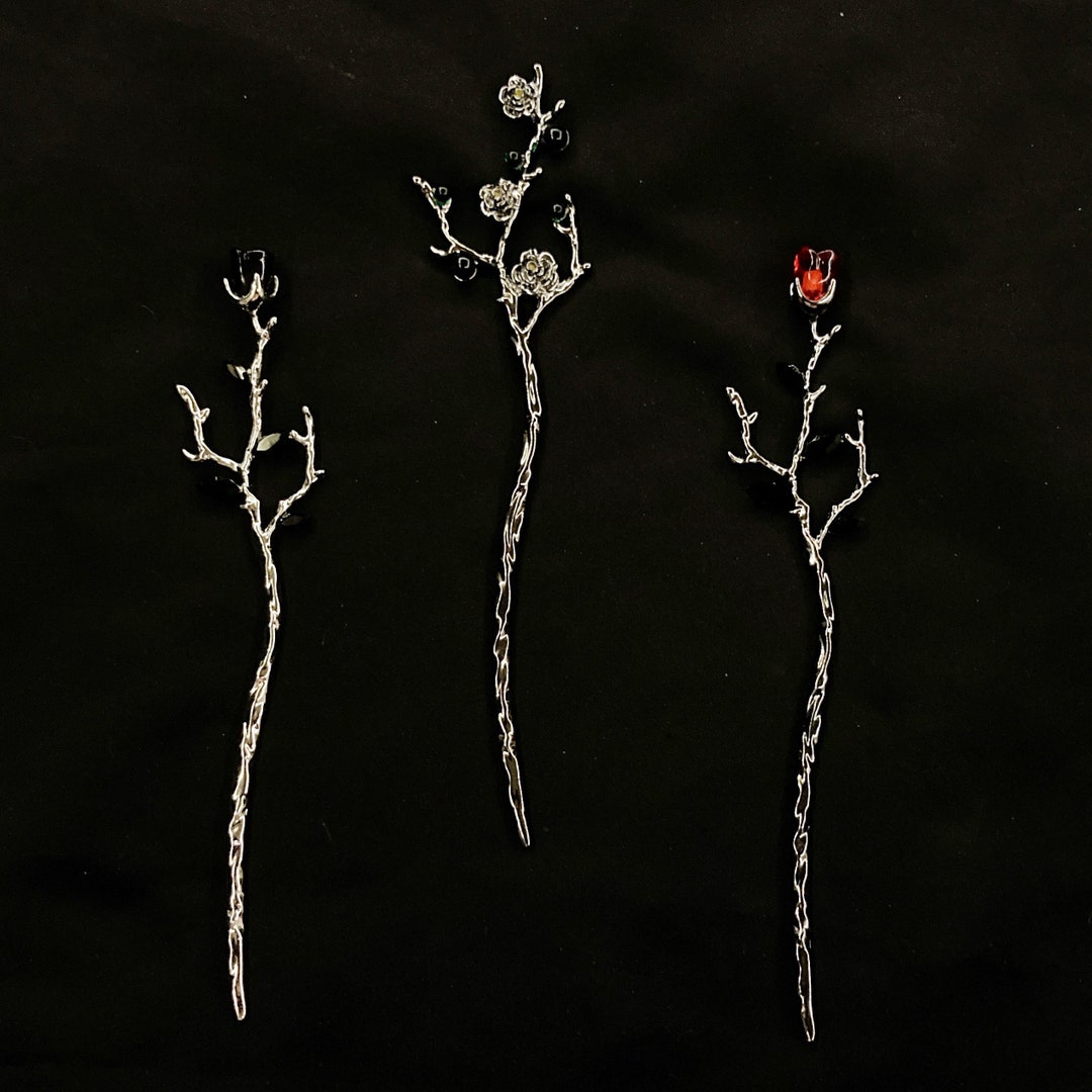 Floral Hair Stick, Flower Hair Stick, Red Rose, Black Rose, Silver Rose ...