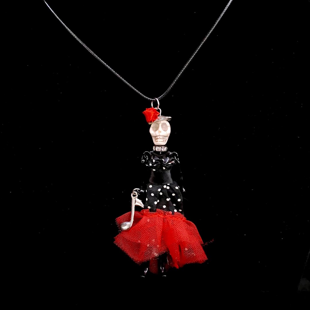 Articulated Skeleton Woman Necklace: Polka Dot Tango Dress, Howlite ...