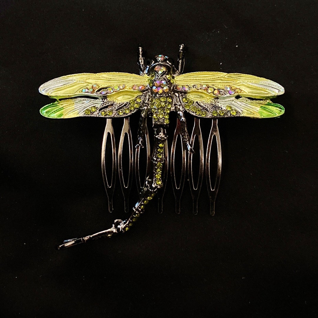 Dragonfly Hair Comb, Articulated Tail, Yellow Dragonfly, Jeweled Hair ...