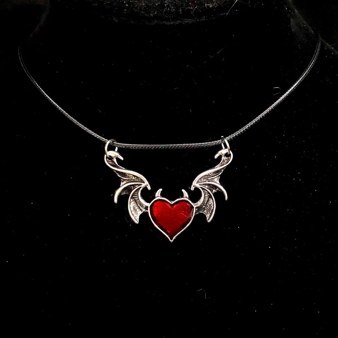 Bat Necklace, Goth Necklace, Red Heart, Wing Necklace, Bat Wing, Silver ...
