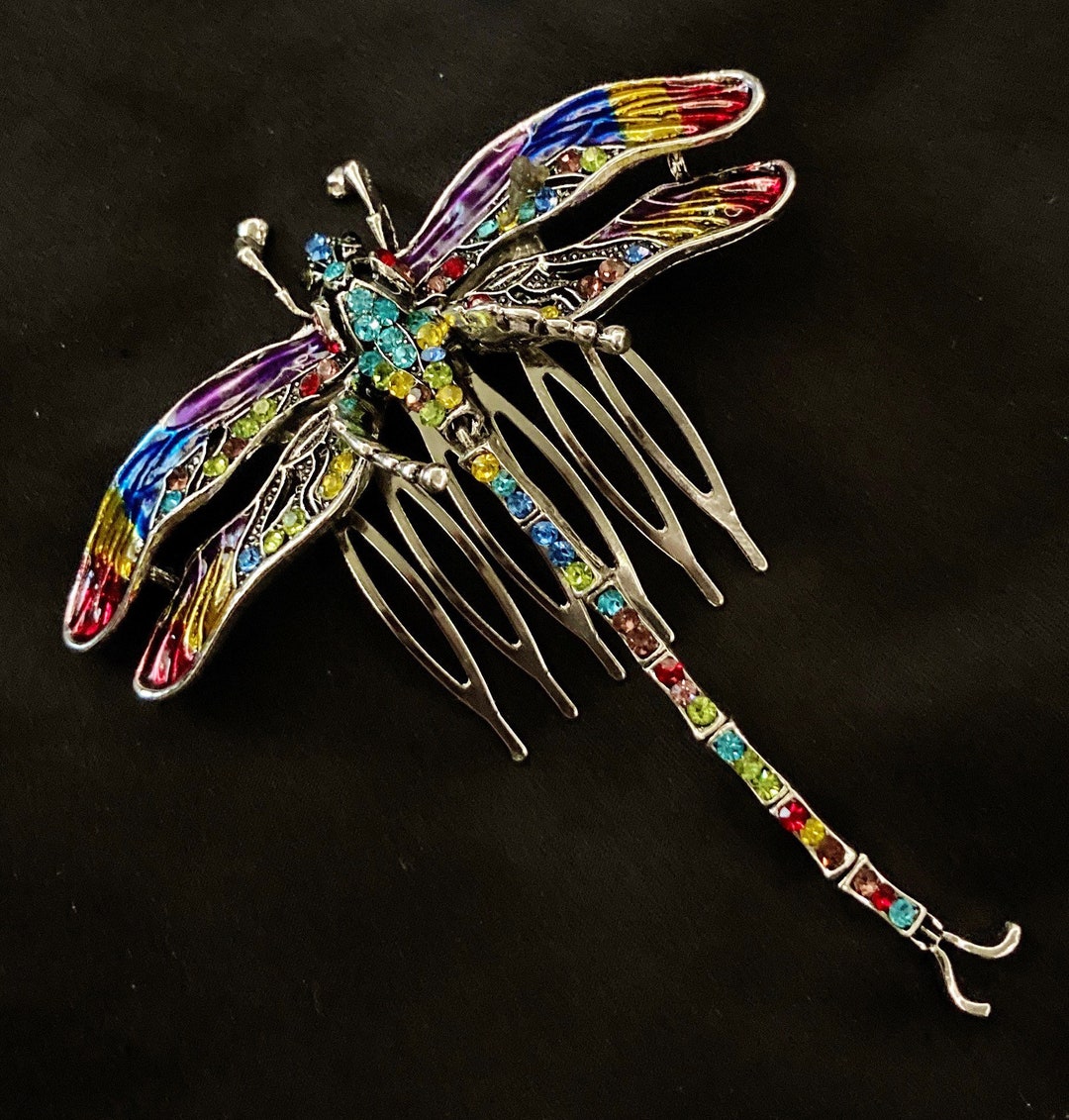 Dragonfly Hair Comb, Articulated Tail, Rainbow Dragonfly, Jeweled Hair ...