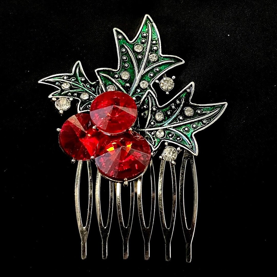 Holly Leaf Hair Comb, Holly Berries, Red Green Silver, Winter Hair Comb ...