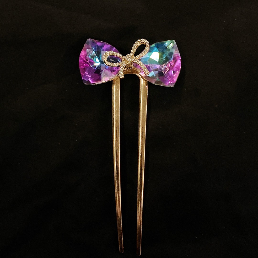 Bow Hair Fork, Purple Bow, Blue Bow, Crystal Bow, Faceted Crystals ...