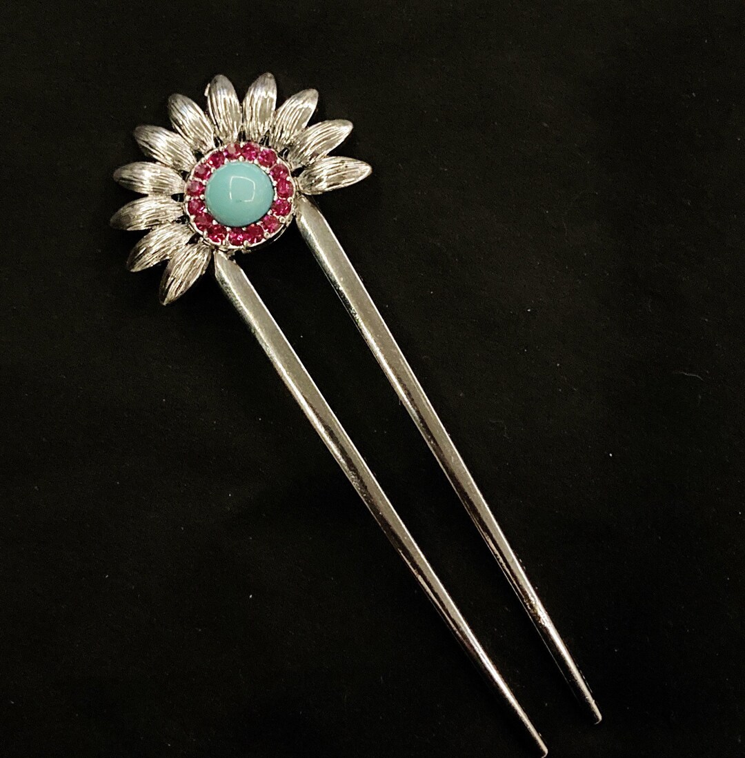 Turquoise Hair Fork, Art Deco, Art Nouveau, Turquoise Pink, Flower Hair ...
