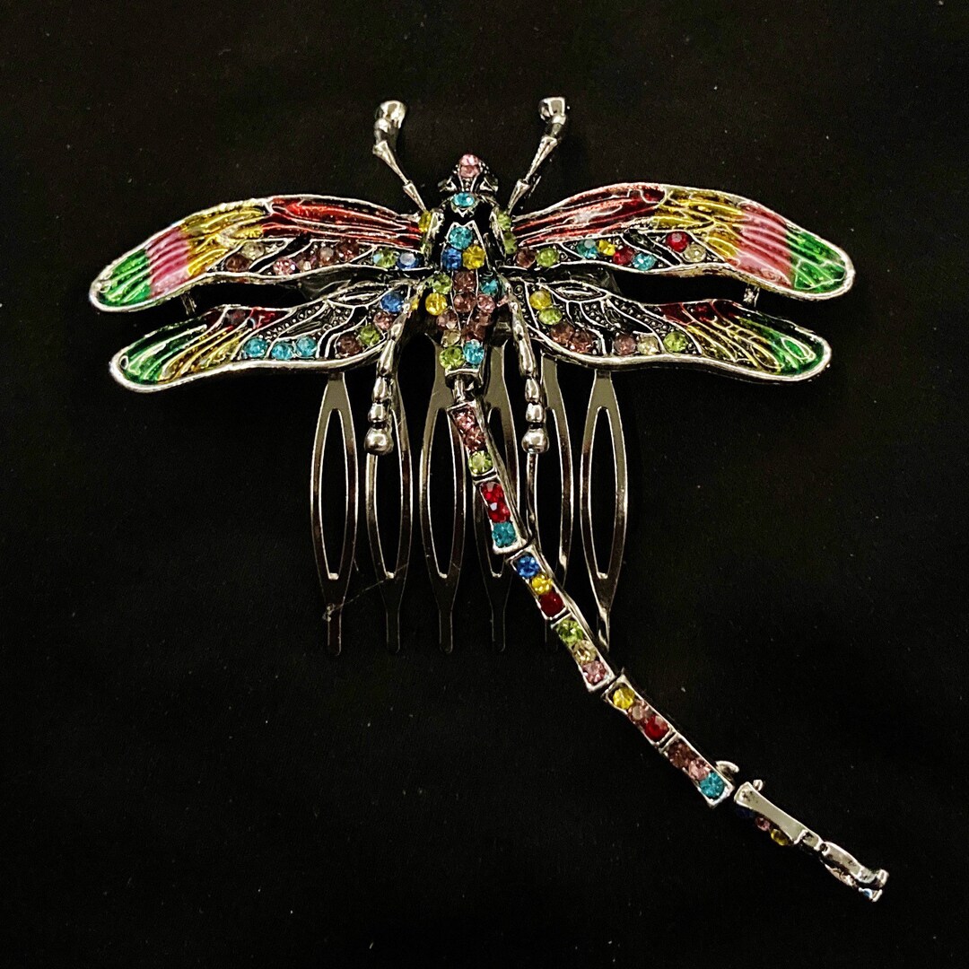 Dragonfly Hair Comb, Articulated Tail, Rainbow Dragonfly, Jeweled Hair ...