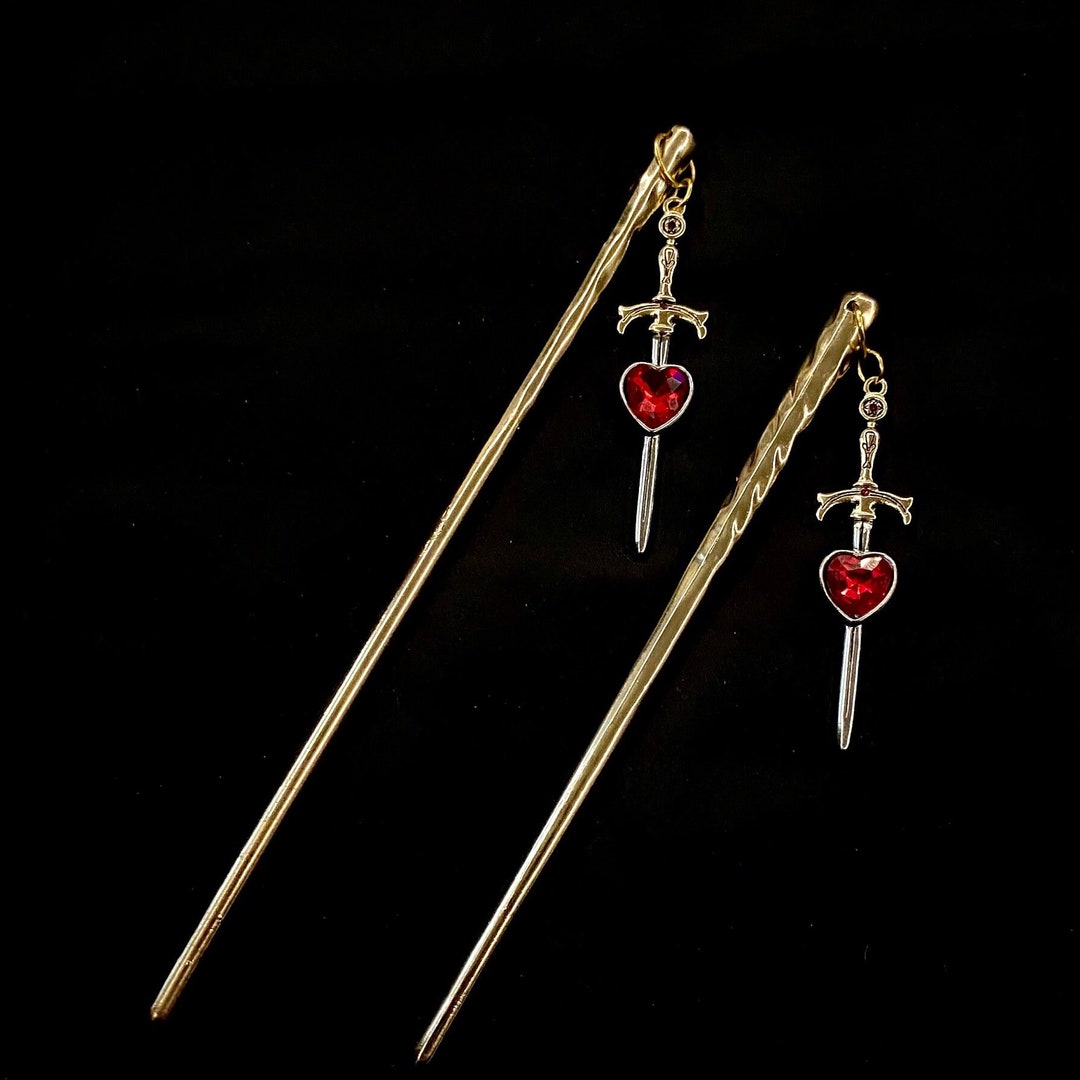 Sword Hair Stick, Heart Sword, Red Heart, Silver Gold Sword, Red Gem ...
