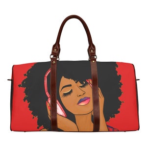 African American Afro Woman Listening to Music Red Travel Purse Duffle ...