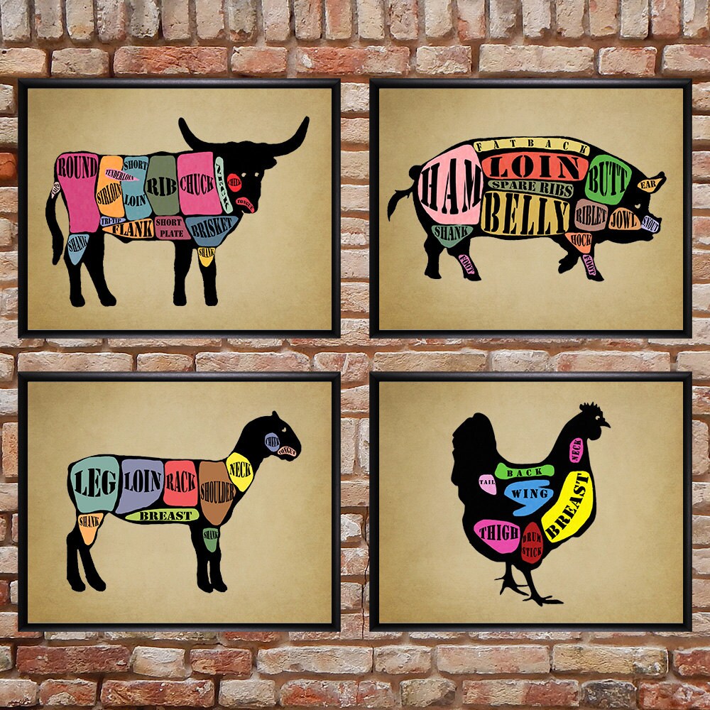 Meat Cuts Poster - Discounted Set of 4 - Kitchen Decor - Beef Pork Lamb ...