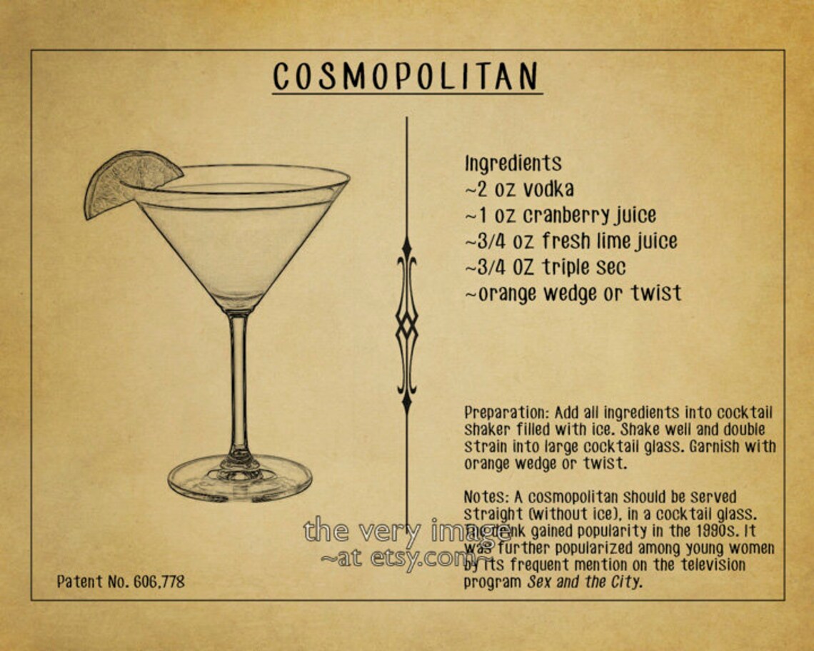 Cosmopolitan Poster Cocktail Recipe Print Bar Art cosmo | Etsy