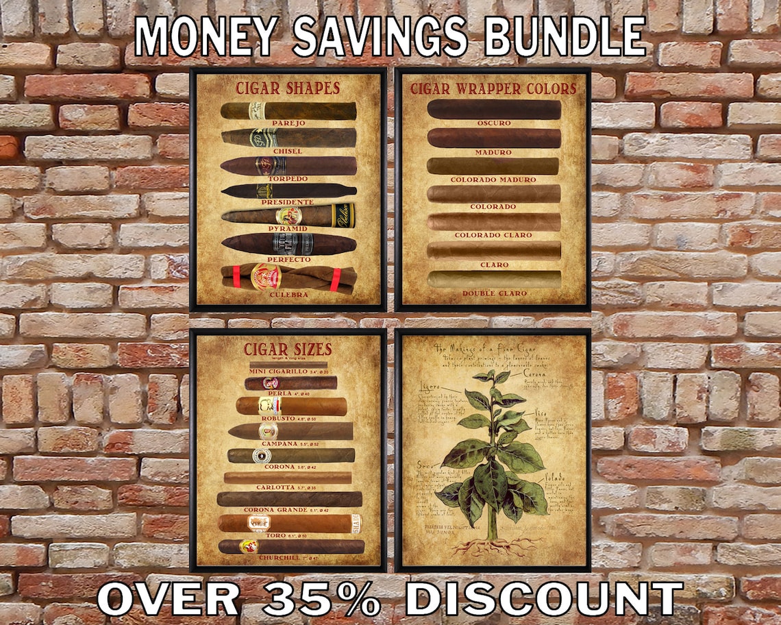 Cigar Art, Cigar Size Chart - Discounted Set of 4 - Cigar Poster ...