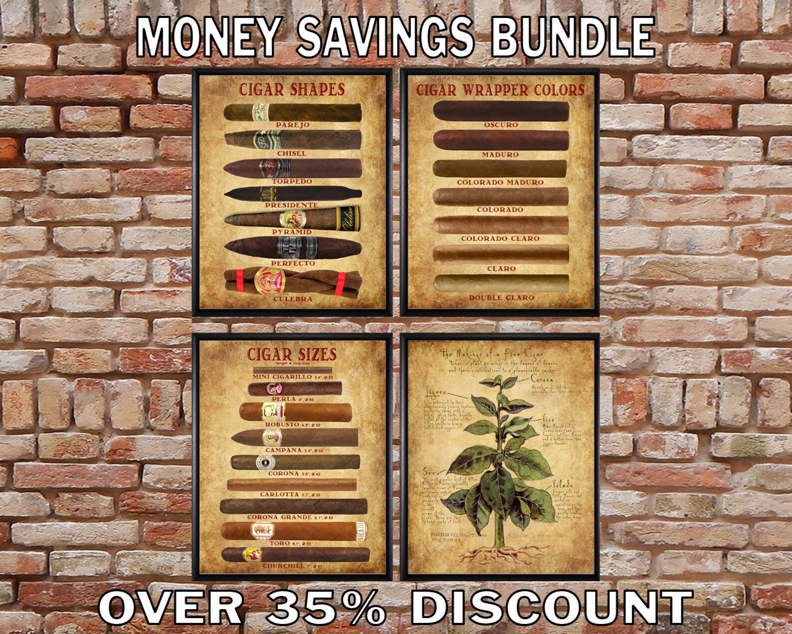 Cigar Art, Cigar Size Chart - Discounted Set of 4 - Cigar Poster ...