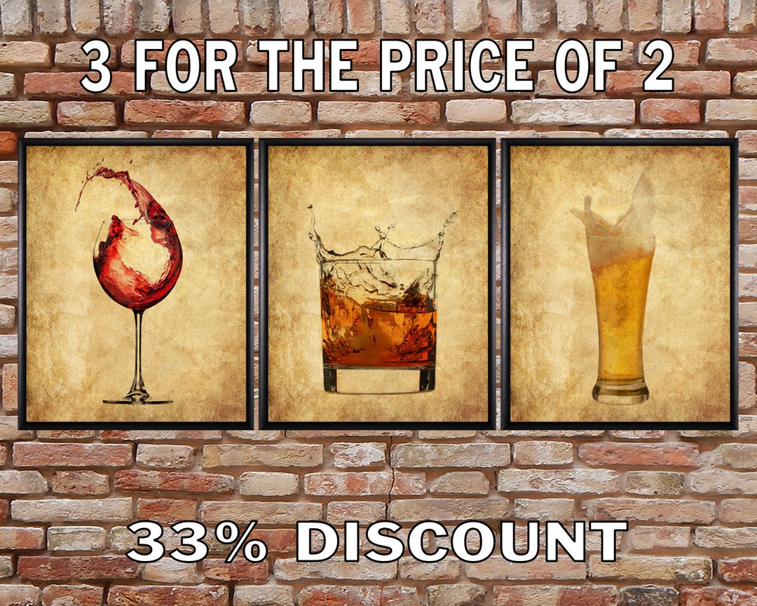 Bar Decor, Whiskey Prints, Wine Poster, Beer Art, Set of 3, Bar Art ...