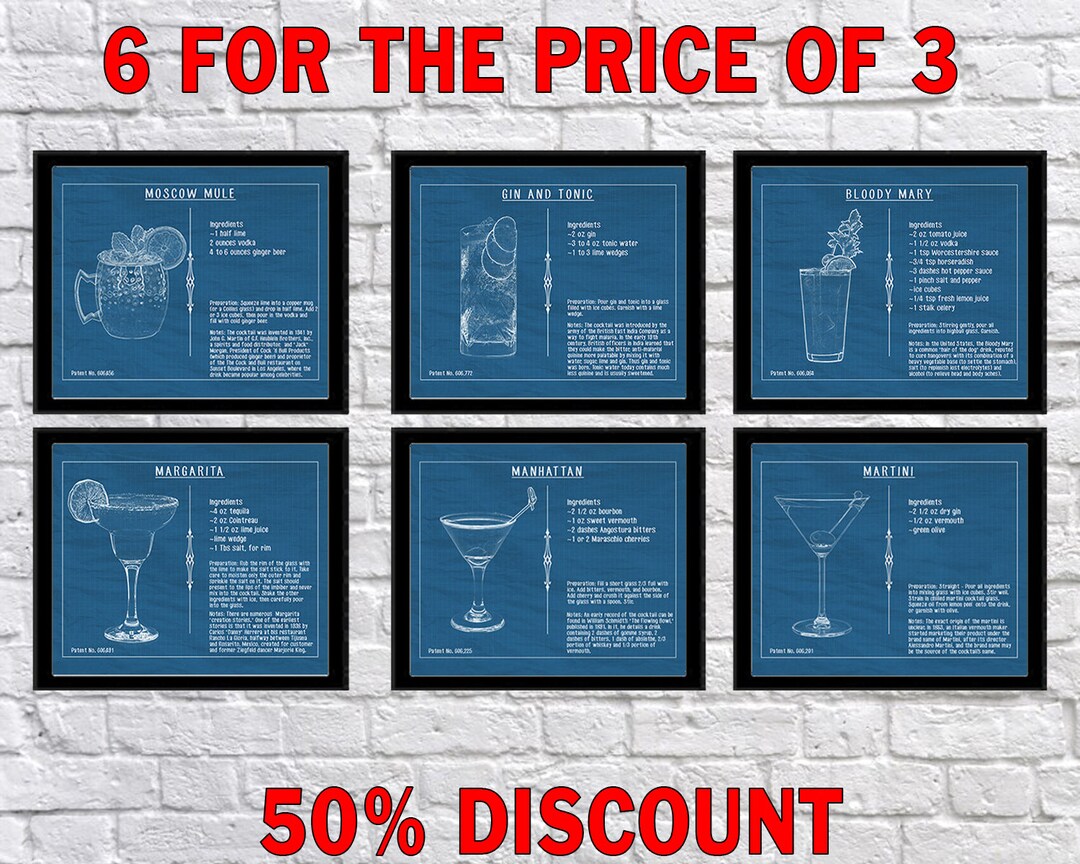 Discounted Set - Six Cocktail Blueprint Posters Bloody Mary Gin Tonic ...