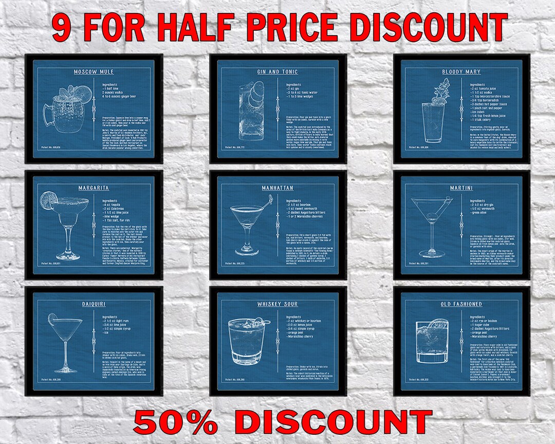 Discounted Set - Nine Cocktail Blueprint Posters Bloody Mary Gin Tonic ...