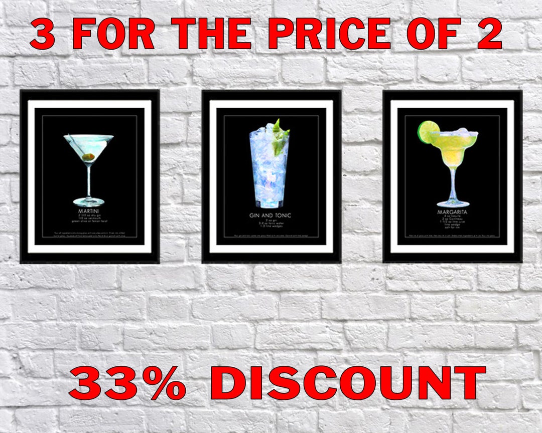 Discounted Set of Three Cocktail Posters - Margarita, Gin and Tonic ...