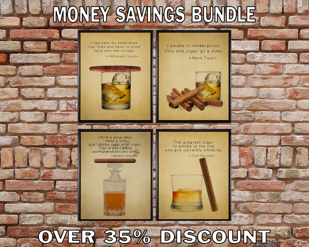 Cigar Art, Cigar Prints Discounted Set of 4 Bar Art Whiskey Posters ...