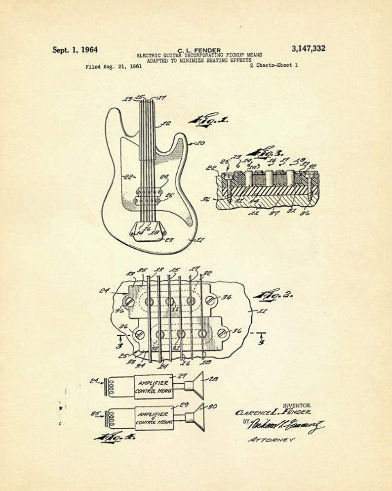 Fender Guitar Patent Electric Guitar Patent Prints Whammy Bar | Etsy