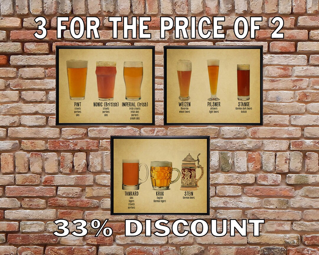 Beer Poster - Discounted Set of 3 - Bar Art - Beer Glass Print - Glass ...