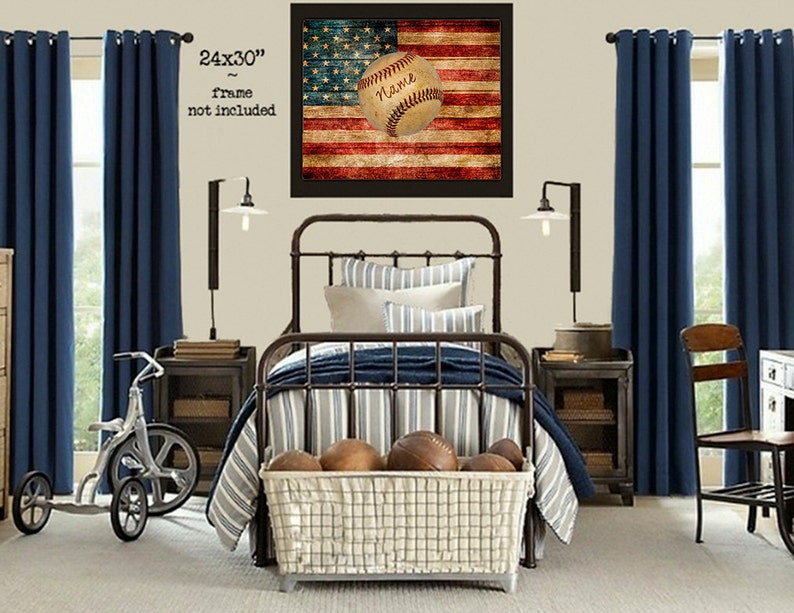 Personalized Baseball Print Vintage US Flag Boys Room - Etsy