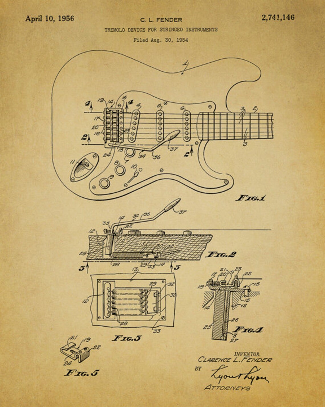 Fender Guitar Patent Electric Guitar Patent Prints Whammy Bar | Etsy