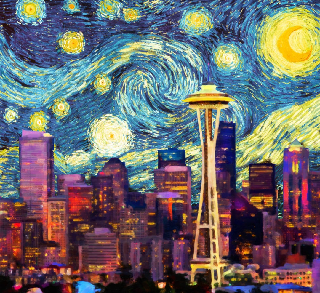 Seattle Skyline Poster Van Gogh Starry Night Print Seattle Decor Van ...