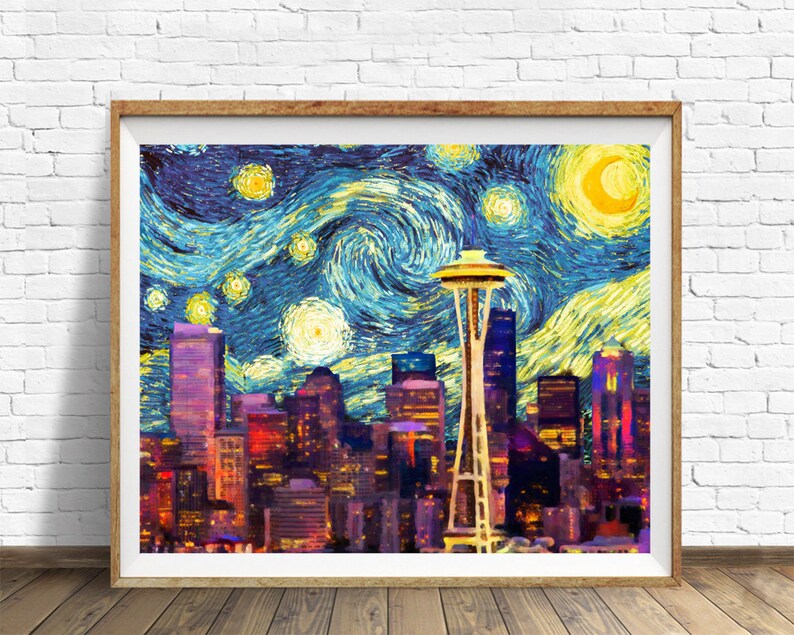 Seattle Skyline Poster Van Gogh Starry Night Print Seattle | Etsy