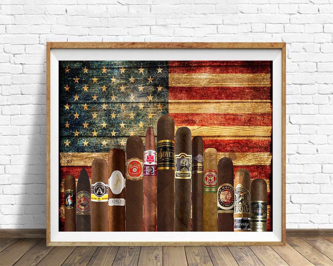Cigar Art, Cigar Poster, Vintage US Flag Print Cigar Print Man Cave ...