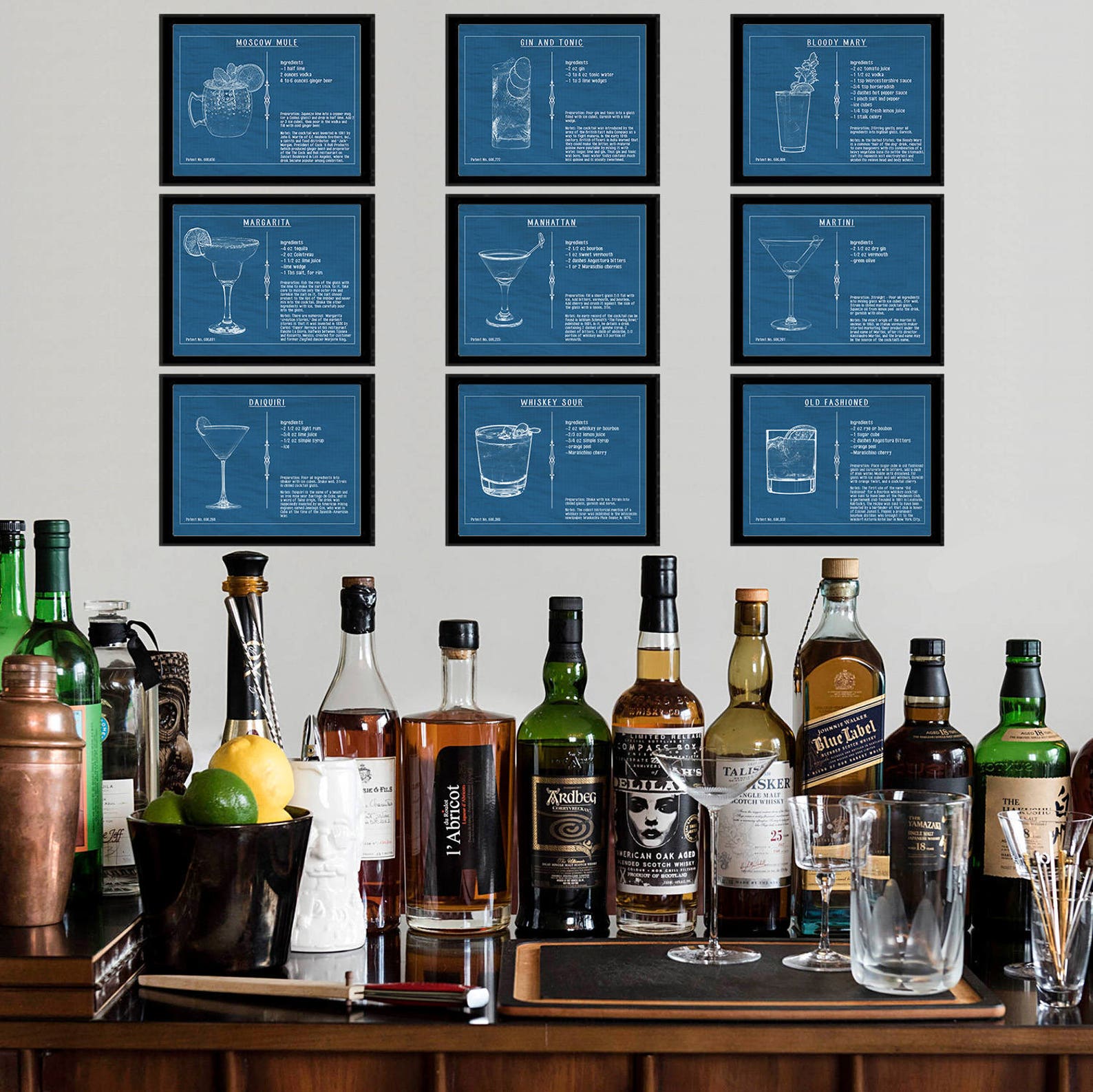 Discounted Set - Nine Cocktail Blueprint Posters Bloody Mary Gin Tonic ...