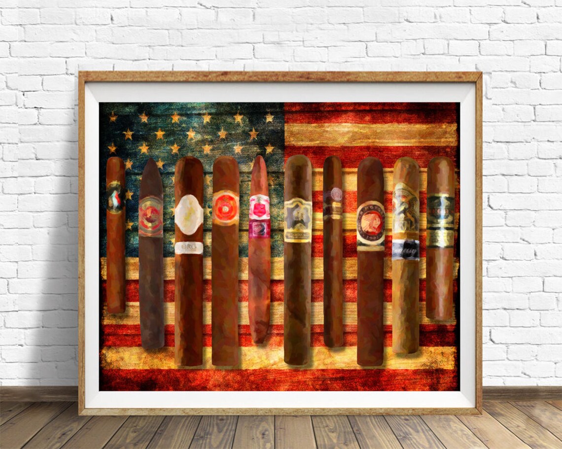 Cigar Art Cigar Poster Vintage US Flag Print Bar Art Man | Etsy