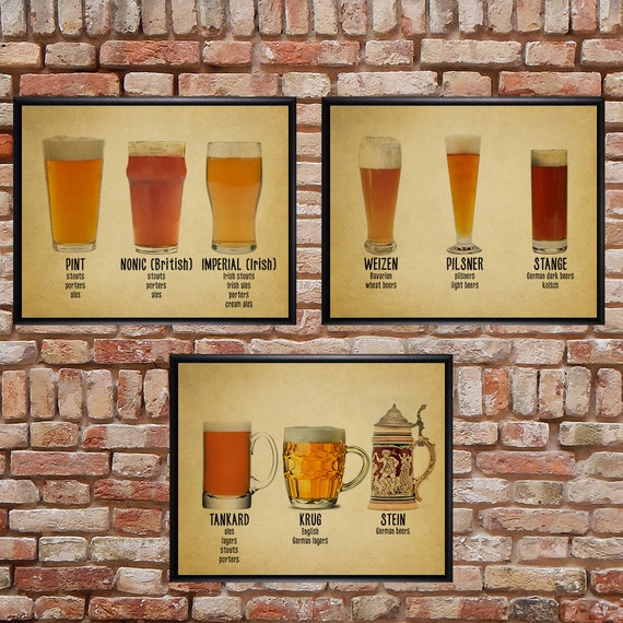 Beer Poster Discounted Set of 3 Bar Art Beer Glass Print | Etsy