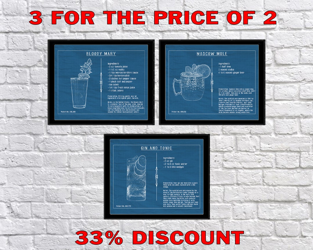 Discounted Set of Three Cocktail Blueprint Posters - Bloody Mary, Gin ...