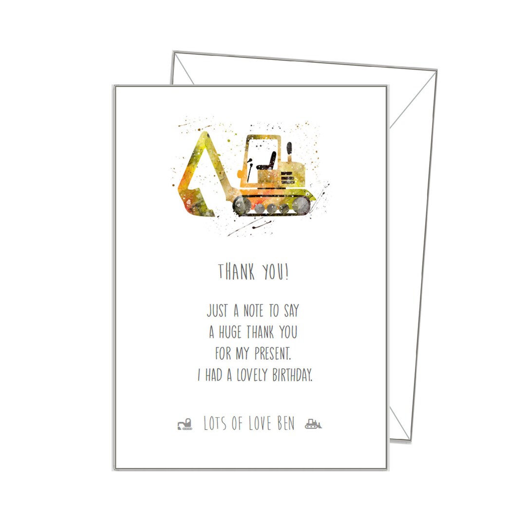 Personalised Thank You Card DIGGER, 10 Envelopes, Any Message or Blank ...