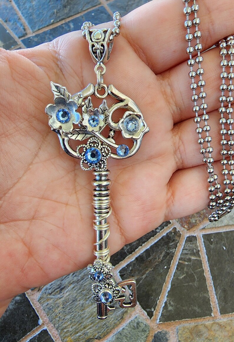 Ice Blue Flower Key Necklace - Etsy