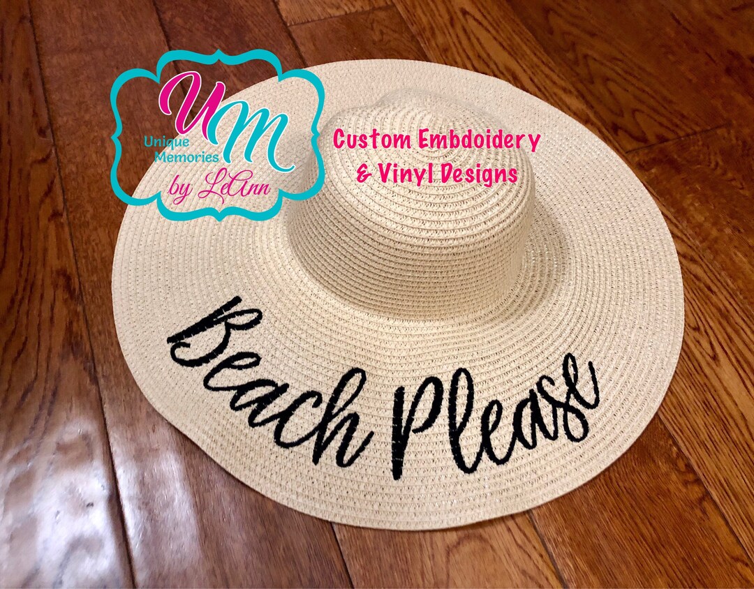 Beach Please Embroidered Floppy Beach Hat, Personalized Straw Hat, Sun ...