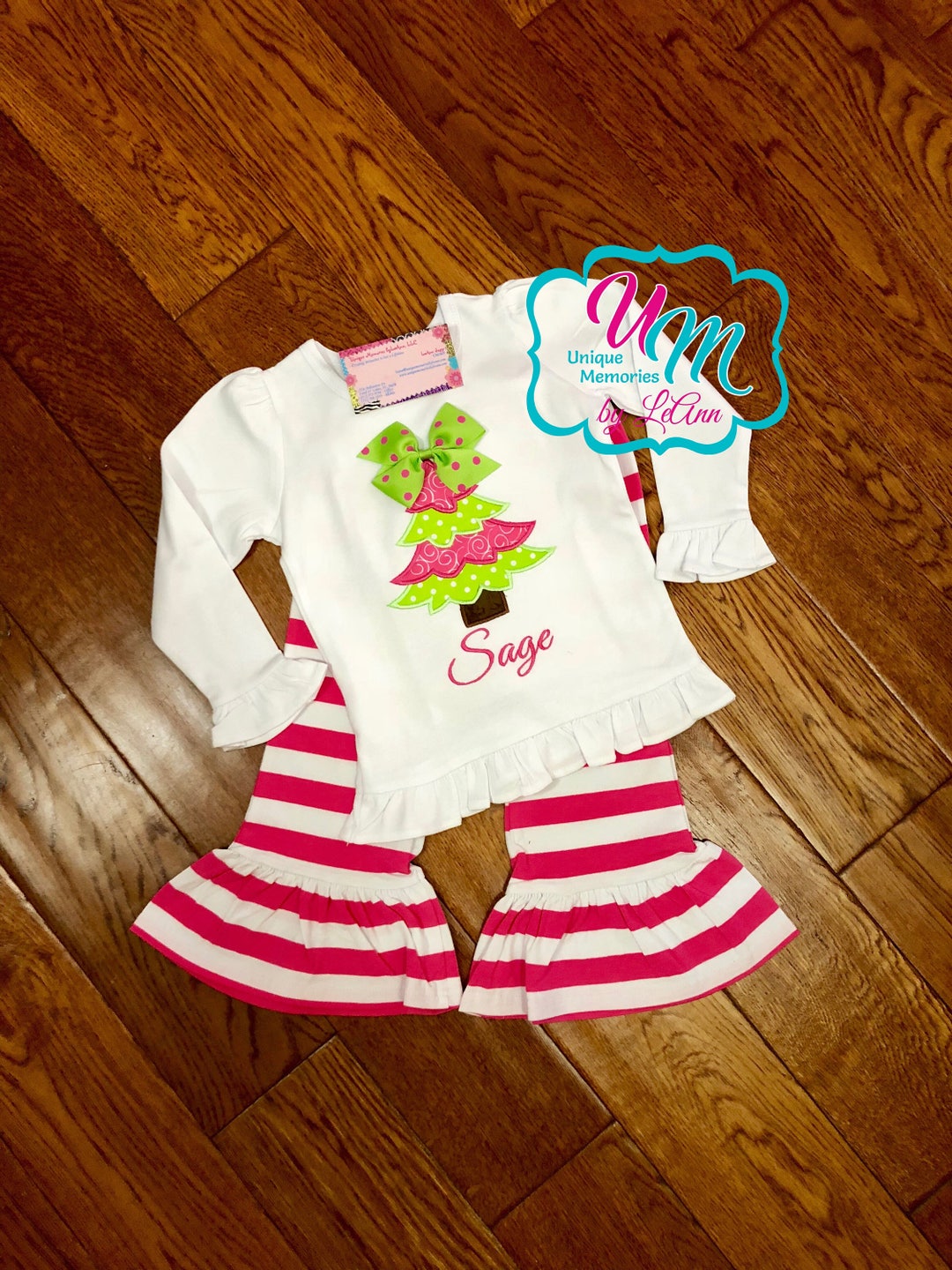 Girls Christmas Tree Pant Set Ruffle Pants and Shirt Personalized With ...