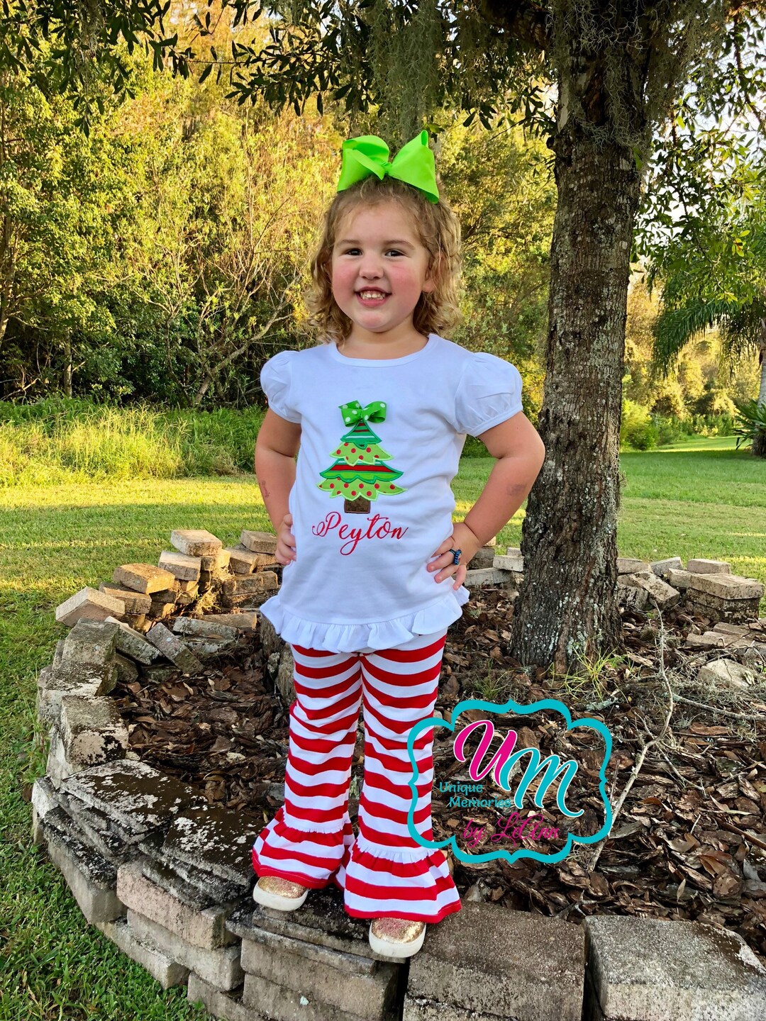 Girls Christmas Tree Pant Set Outfit Embroidered W/bow Sewn on Ruffle ...