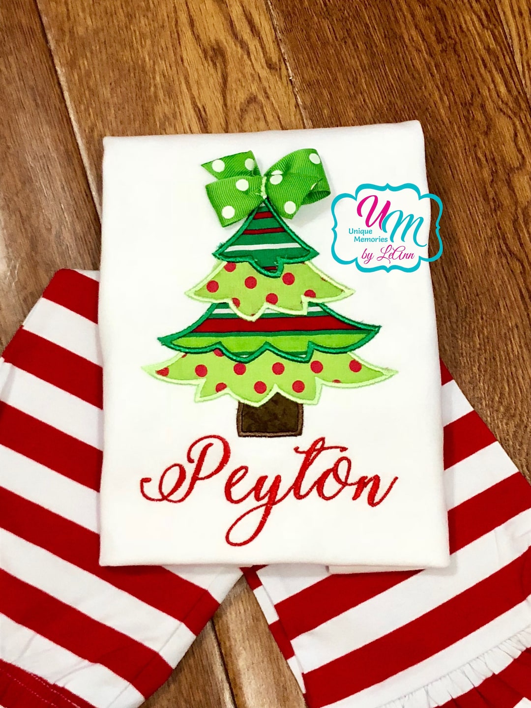 Girls Christmas Tree Embroidered W/bow Sewn on Ruffle Shirt FREE Name ...