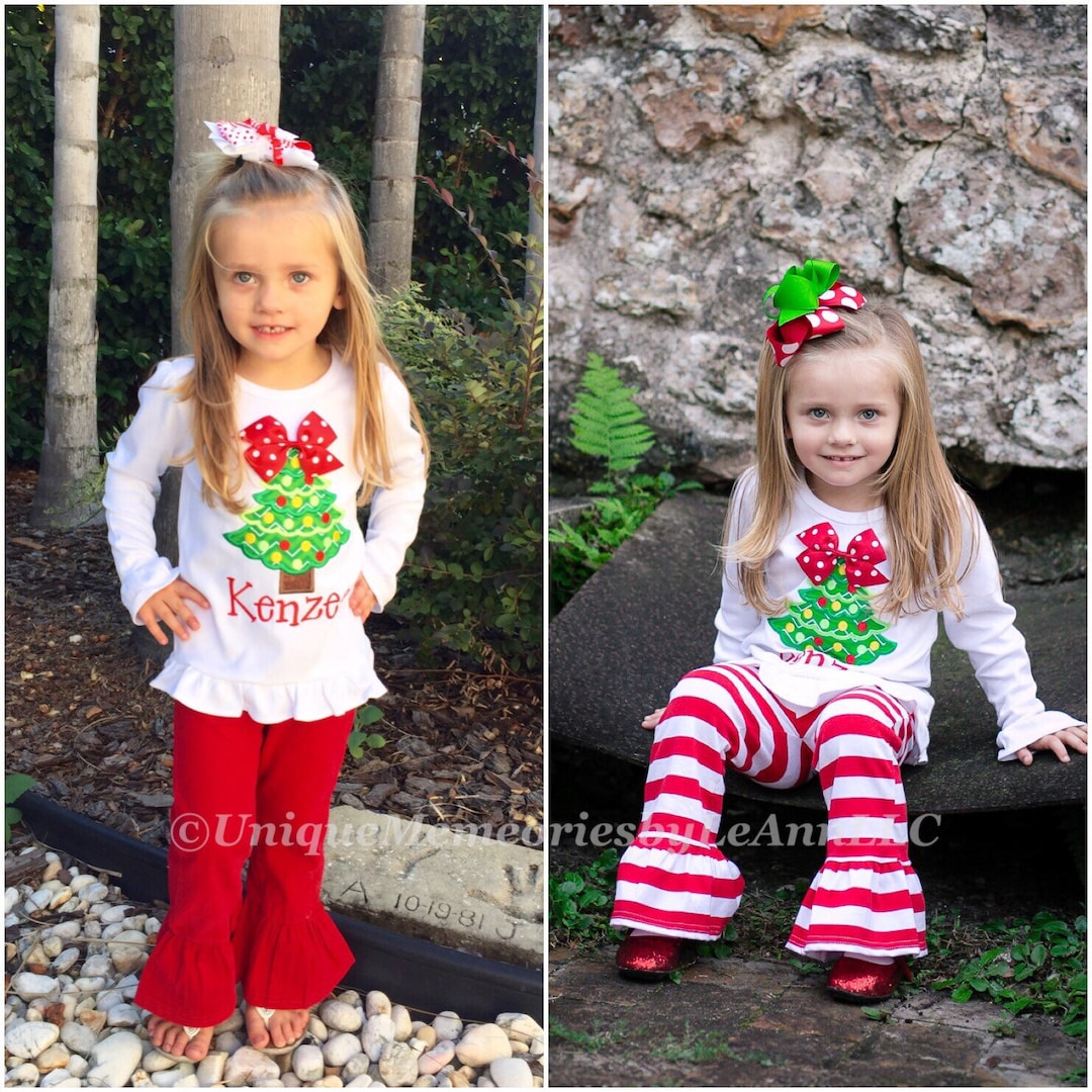 Girls Christmas Tree Pant Set Ruffle Pants and Shirt Personalized With ...