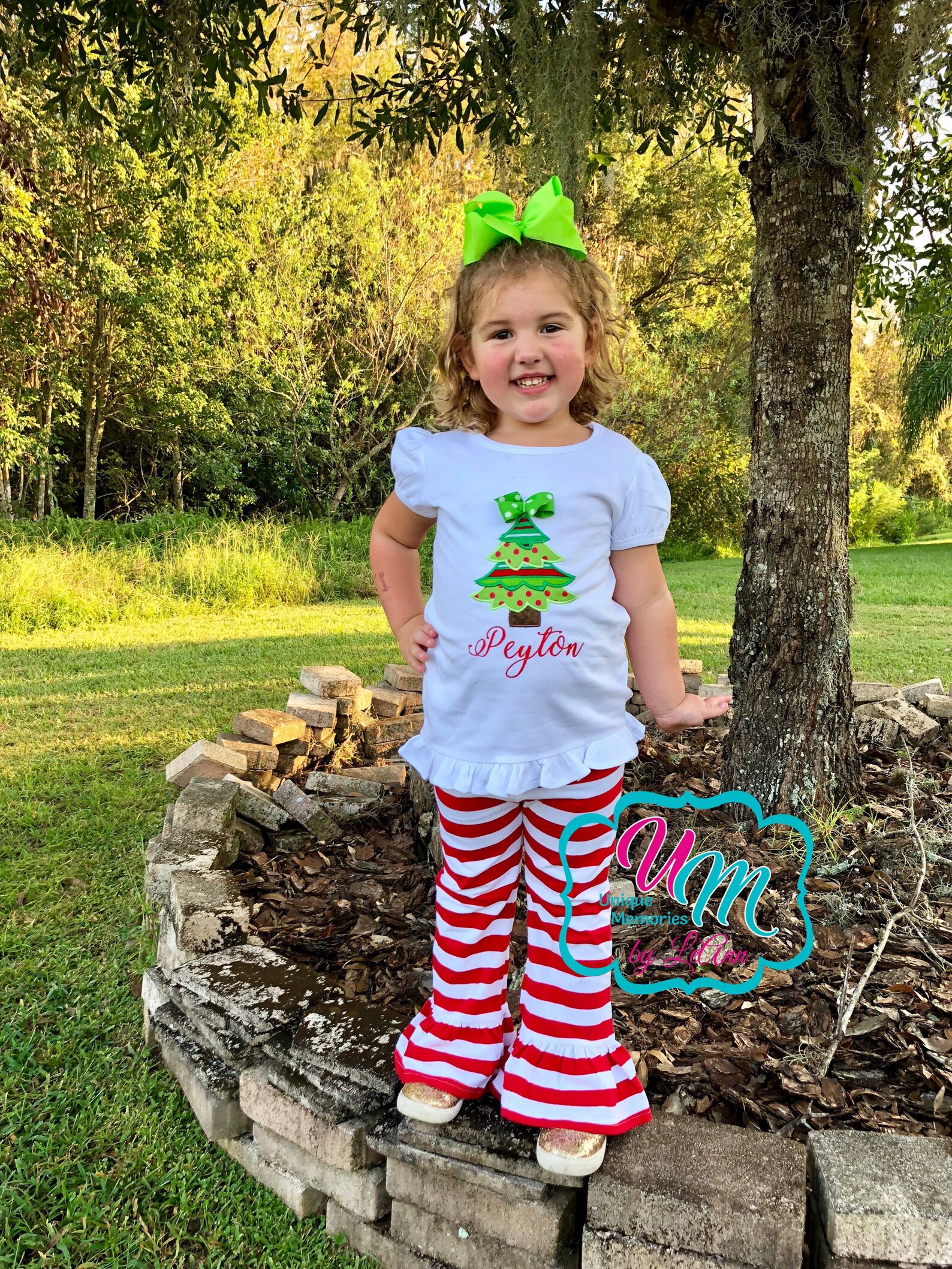 Girls Christmas Tree Embroidered W/bow Sewn on Ruffle Shirt FREE Name ...