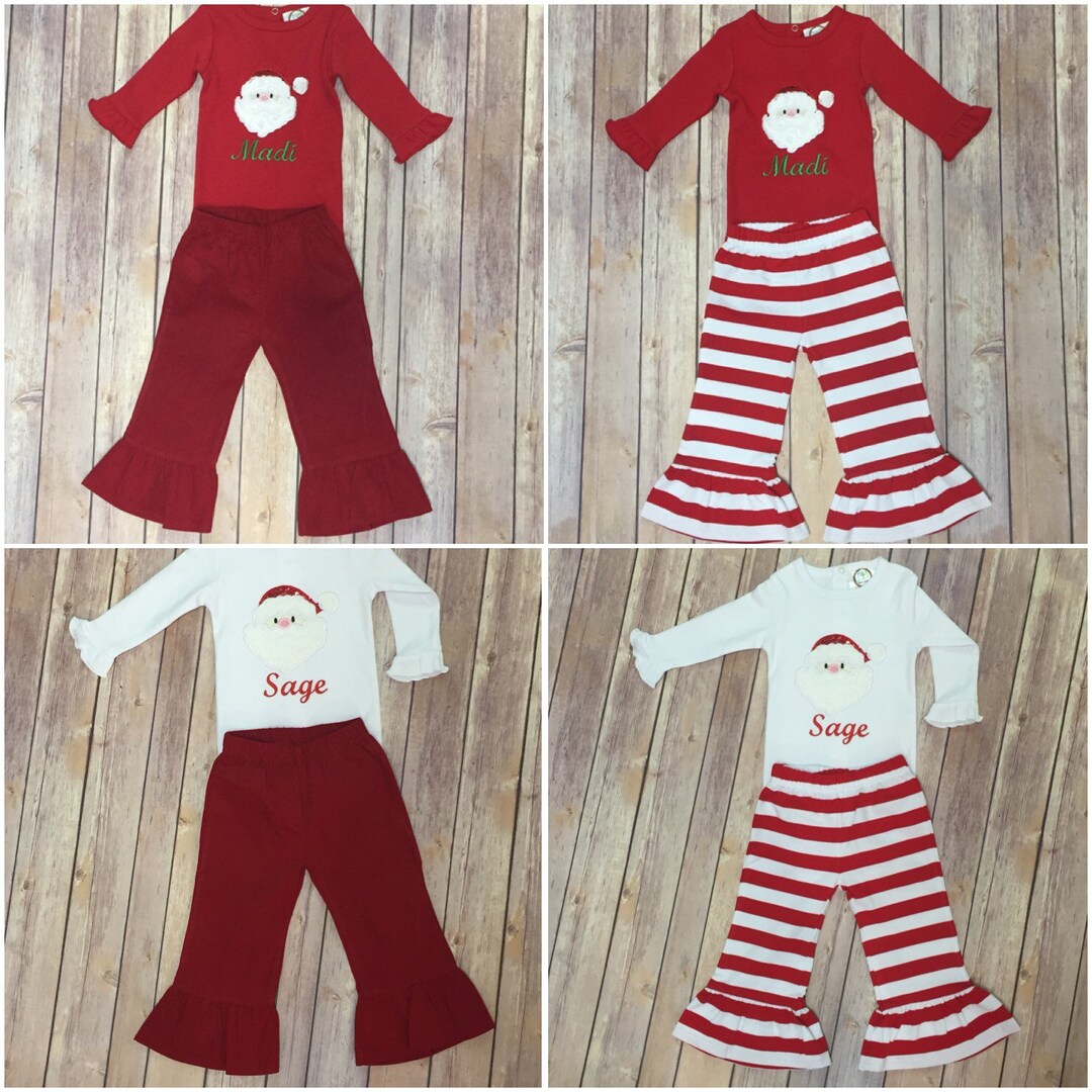 Girls Santa Appliqué Christmas Pant Set Outfit on a Red or White Ruffle ...