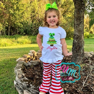 Girls Christmas Tree Pant Set Outfit Embroidered W/bow Sewn on Ruffle ...